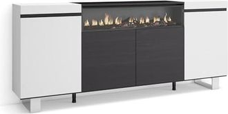 Skraut Home | Sideboard, Highboard | Kommode, Komodenschrank | 200x87x35cm | 4 T&uuml;ren | Elektrokamin. Ma&szlig;e | Industriedesign | Moderner Stil | Wei&szlig; und Schwarz