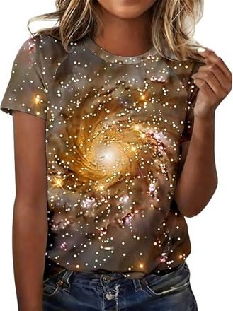 Generic T-shirts pour femmes 3D Galaxy Glitter Print Chemises &agrave; manches courtes Chemisiers Mode &Eacute;toil&eacute; Col rond Femmes Hauts d&eacute;t&eacute; Plan&egrave;tes/Espace/Galaxie Cost
