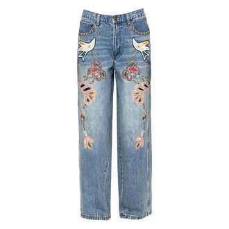 Sea NY Femme, Jeans, Bleu, Taille: 36 FR Jean Bleu Brodé Oiseau