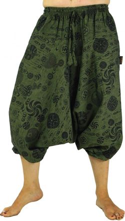 Guru Shop Aladinhose Pluderhose, Bedruckte Shorts 7/8 L&auml;nge - Gr&uuml;n, Damen, Baumwolle, Size:L/XL
