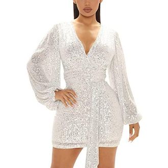 Generico Robe de Cérémonie Femme Paillettes Curvy, Robe Nouvel An Femme Paillettes Col en V Années 80 Robes de Cérémonie Slim Robe de Soirée Femme Mini Vêtemen