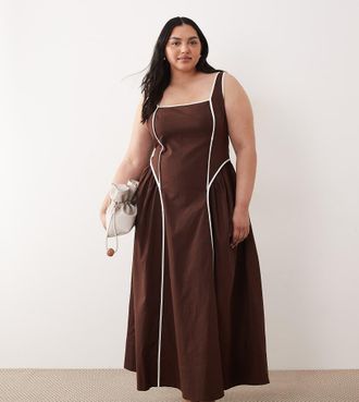 Asos Curve ASOS DESIGN Curve - Midi-Sommerkleid in Schokobraun mit eckigem Ausschnitt, geformter Brustpartie und farblich abgesetzter Paspelierung