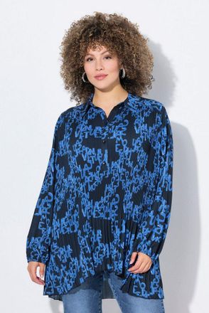 Ulla Popken Longbluse Plissee-Bluse Schriftmuster A-Linie Hemdkragen