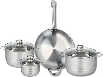 Fackelmann ELO 9874450 Batterie de cuisine 4 pièces, Ensemble de 1 Poêle de cuisson 32 cm et 3 faitouts 14, 20 et 24 cm Elo Profi Brillant, inox, induction, Gris