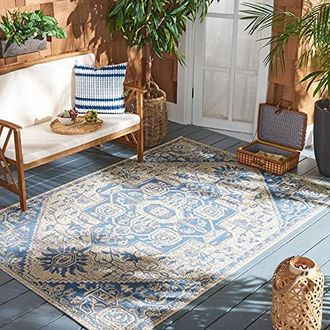 Safavieh Tapis Medallion pour intérieur et extérieur - Collection Beachhouse, Poils Courts, en Bleu et crème, 91 x 152 cm