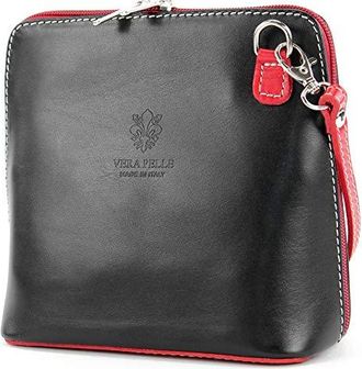 modamoda.de T94 Petit sac à bandoulière en cuir lisse pour femme fabriqué à la main en Italie, noir/rouge, xs