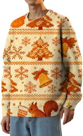 Generic Pull de Noël pour homme fantaisie imprimé thermique avec poignets élastiques - Pull ample décontracté à manches longues et col rond en tricot tricoté 