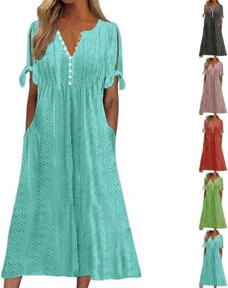 Generic Robes dété pour femmes, robes en dentelle de couleur unie, col en V, manches courtes, crochet ajouré, robe dété - Vêtement de vacances respirant, 1 ve