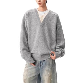 Generic Pull dhiver en tricot deux pi&egrave;ces avec col en V pour homme - Coupe ample - Manches longues, gris clair, XXL
