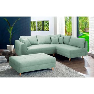 Norrwood home24 Ecksofa Meyford Grün Microfaser Enza 230 x 85 x 160cm Ottomane davorstehend rechts mit Hocker Skandi
