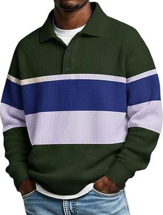 Generic Polo ray&eacute; &agrave; manches longues pour homme - Texture gaufr&eacute;e - D&eacute;contract&eacute; - Haut de bureau - Travail quotidien - Polo &agrave; manches longues confortable pour 