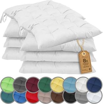 NatureMark Lot de 8 Galettes de Chaises avec Rubans 40x40 cm - Coussin de Chaise Épais pour Intérieur & Jardin - Couleur Nature/crème