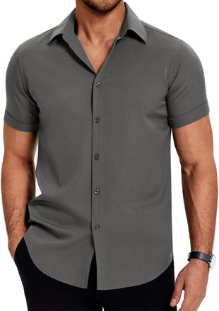 Coofandy Hemd Herren Kurzarm Sommer Leicht Hemden Männer Regular Fit Freizeithemden Button Down Business Hemden Dunkelgrau 3XL