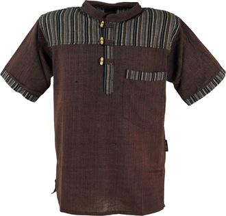 Guru Shop Nepal Fischerhemd, Gestreiftes Goa Hippie Kurzarmhemd - Coffee, Herren, Baumwolle, Size:XXL