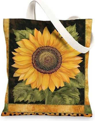 Generic Sacs fourre-tout en toile de tournesol, motif floral, sacs de courses réutilisables, sacs vintage légers et lavables en toile avec bandoulière f, jaun