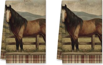 Generic K&uuml;chent&uuml;cher mit Pferdemotiv, rustikal, Landhauszaun, Berge, Herbstbraun, Mikrofaser, schnell trocknend, Geschirrt&uuml;cher f&uuml;r K&uuml;che, Kochen, Essentials,