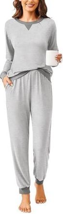 Ekouaer Pyjama Long pour Femme Ensemble Pyjama à Manches Longues Vêtements de Nuit 2 Pièces Hiver Carreaux Col Ronde Vêtements de Détente Loungewear avec Poch