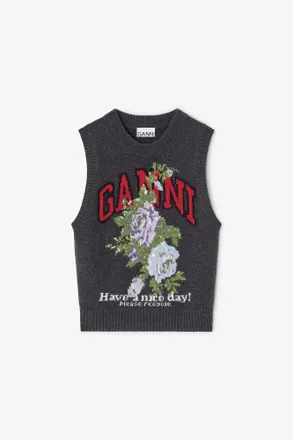 Ganni Dunkelgrau Wollweste mit Rosenprint gemischt