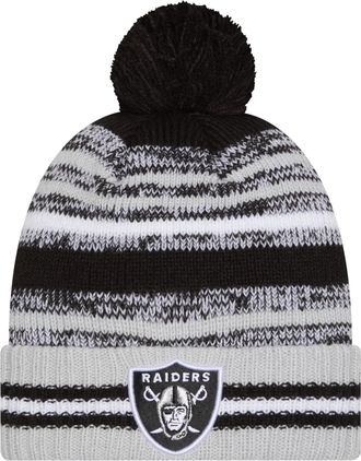 New Era Las Vegas Raiders Sideline Sport Strickm&uuml;tze mit B&uuml;ndchen, Grau gestreift, mit Bommel, NFL Cheer Cuff Knit Cap