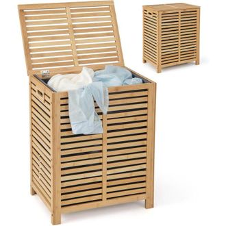 Costway Panier à Linge 80L, Corbeille à Linge en Bambouavec Couvercle, Sac à Doublure, Poignées et Design de Lattes, 50 x 35 x 62 cm, pour Salle de Bain