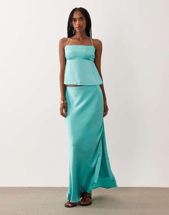 Abercrombie & Fitch Caraco densemble en satin &agrave; encolure carr&eacute;e - Turquoise-Bleu
