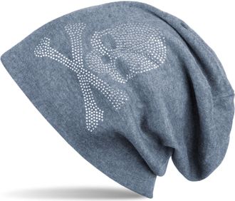 styleBREAKER Klassische Beanie M&uuml;tze mit Totenkopf Strass Applikation, Unisex 04024034, Farbe:Blau-Grau meliert, Materialart:warm