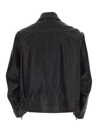 Golden Goose Mens Leather Jacket Brown Aged Effect Ovine Coat