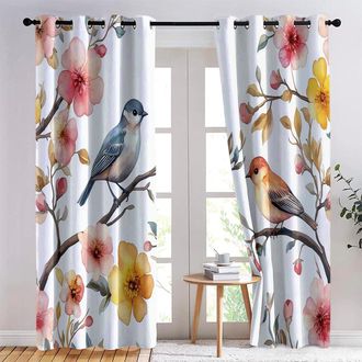 Generic Blickdichte Vorhänge Deko Elegante Vögel Auf Zweigen Drucken Vorhänge mit Ösen hintere Verdunkelung Wärmeschutzvorhang Thermovorhang Weiß Pink für Sch
