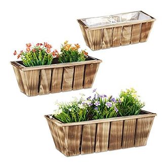 Relaxdays Blumenkasten 3er Set, Pflanzkästen in 3 Größen, geflammtes Holz, Pflanzgefäße mit Folie, innen & außen, braun