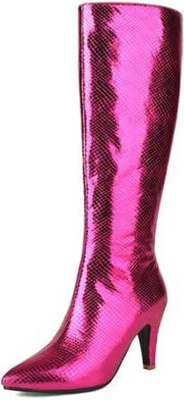 Generic Bottes hautes à bout pointu pour femme - En peau de serpent - Chaussures dhiver pour fête, mariage ou défilé, rose rouge, 38.5 EU