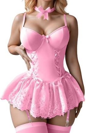 Feoya Body Lingerie pour Femme Ensembles Nuisette sous-v&ecirc;tements avec Culotte Dentelle Teddy Babydolls Robe de Nuit XXL Rose