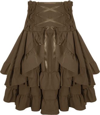 Feoya Viktorianischer Rock Kurz Gothic Steampunk Rock Mittelalter Bustle Rock Vintage Piratenrock mit Kordelzug und Rüschen Halloween Braun XXL