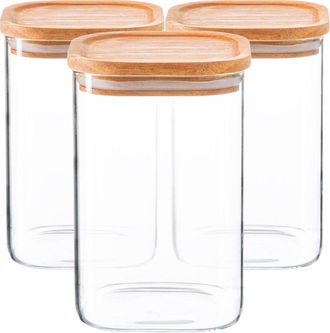 Argon Tableware Quadratglas Aufbewahrungsgl&auml;ser Mit Holzdeckel - 1,1L - 6. Packung