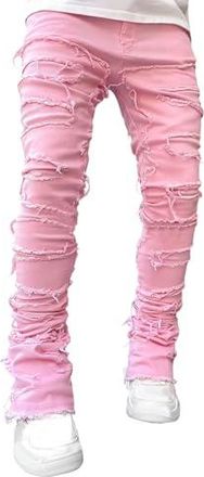 Generic Jean Slim pour Homme, d&eacute;chir&eacute;, us&eacute;, Style Hip hop, Streetwear d&eacute;contract&eacute;, Rose, Taille XL