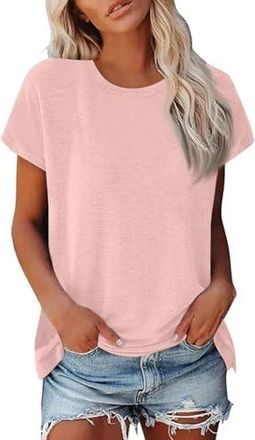 Generic T-Shirt Femme Été Chemisier Chic T-Shirts Blouse Col Rond Tops Manches Courtes T Shirt Grande Taille Coton Haut Uni Décontracté Chemisiers et Blouses 