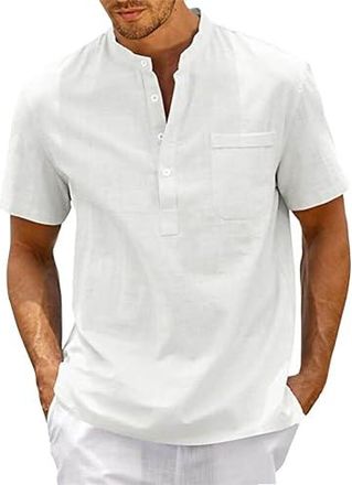 Generic Chemise en lin pour homme &agrave; manches courtes - Chemise d&eacute;t&eacute; en coton - Chemise de travail respirante avec boutonni&egrave;re - Chemise sur pied - Chemise surd
