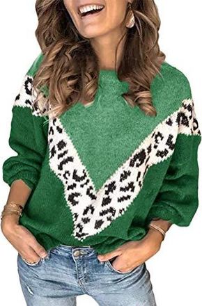 ORANDESIGNE Pulls Femme Ray&eacute; Pull Sexy Tricot&eacute; &agrave; Col en V pour Automne Hiver &Eacute;pissure L&eacute;opard Chandail Haut en Tricot B Vert L