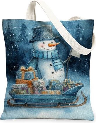 Generic Sacs fourre-tout en toile motif bonhomme de neige dhiver, sacs d&eacute;picerie r&eacute;utilisables, vintage, l&eacute;gers et lavables, 33 x 38 cm