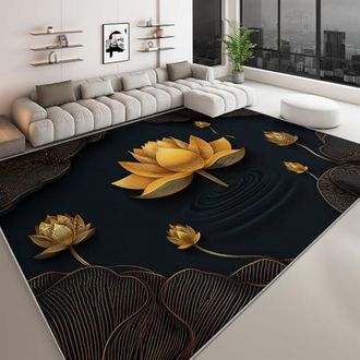 Generic Tapis Noir Et Or Lavable pour Salon, Tapis &agrave; Poils Courts Antid&eacute;rapant Minimaliste &Eacute;l&eacute;gant Fleurs Lotus pour Enfants Bureau Salle &agrave; Manger Cuisine et 