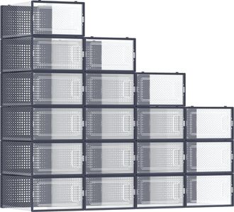 Songmics Schuhboxen, 18er Set, Schuh-Organizer aus Kunststoff, faltbar und stapelbar, f&uuml;r Schuhe bis Gr&ouml;&szlig;e 44, transparent-anthrazitblau LSP18SB30