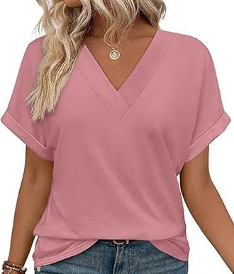 OLIPHEE Tee Shirt Femme Tshirt Col V Couleur Unie T-Shirt Femme Manches Courtes Tshirt Casual Basique Classique Élégant Tshirt Femme Grande Taille Tshirt Été 