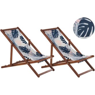 Beliani Beliani - Lot de 2 Chiliennes Pliantes Acacia Fonc&eacute; Motif Feuilles Palmier Anzio