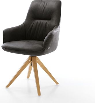 DELIFE Drehstuhl Zelia-Flex mit Armlehnen Mikrofaser Anthrazit Vintage Holzgestell kantig Natur 360&deg; drehbar Taschenfederkern, Esszimmerst&uuml;hle