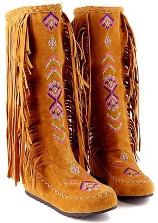 Generic Bottes de Cowboy &agrave; Pompons pour Femmes, Bottes dhiver Plates en Daim mi-Mollet, Style Ethnique r&eacute;tro, &agrave; Enfiler, id&eacute;ales pour Une soir&eacute;e de Mariage ou