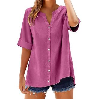 Generic Chemisier en coton et lin pour femme - Col en V - L&eacute;ger - Confortable - Coupe ample - Respirant - Pour sortir, rose vif, 5XL