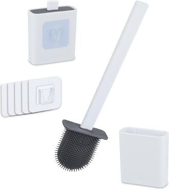 Relaxdays Toilettenbürste Wandmontage, zum Kleben, HxBxT: 35,5 x 9,5 x 4 cm, WC-Bürste mit Halter, Kunststoff, weiß