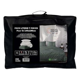 Soleil d'Ocre Ensemble Couette et Parure 7 Pièces Boheme Kaki pour lit en 140x190 cm