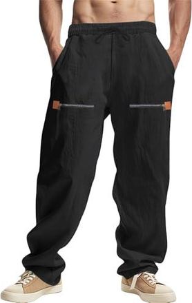 Generic DENGJIAMY Pantalon d&eacute;t&eacute; en lin pour homme - Jambe droite - Taille &eacute;lastique - Cordon de serrage - Pantalon d&eacute;contract&eacute; pour la plage et les vacances, 