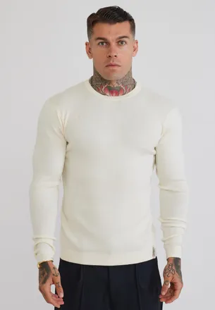 Siksilk Herren Ecru Langarm Gestricktes T-Shirt XXL