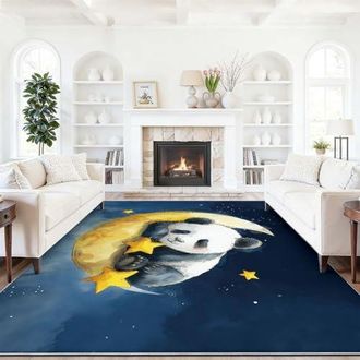 Generic Moderne Antid&eacute;rapant Tapis Bleu Fonc&eacute; - Doux R&eacute;sistant Lavable en Machine Tapis &agrave; Motif Style Peinture &Agrave; lhuile Lune Panda Poil Ras Moquette pour Salo
